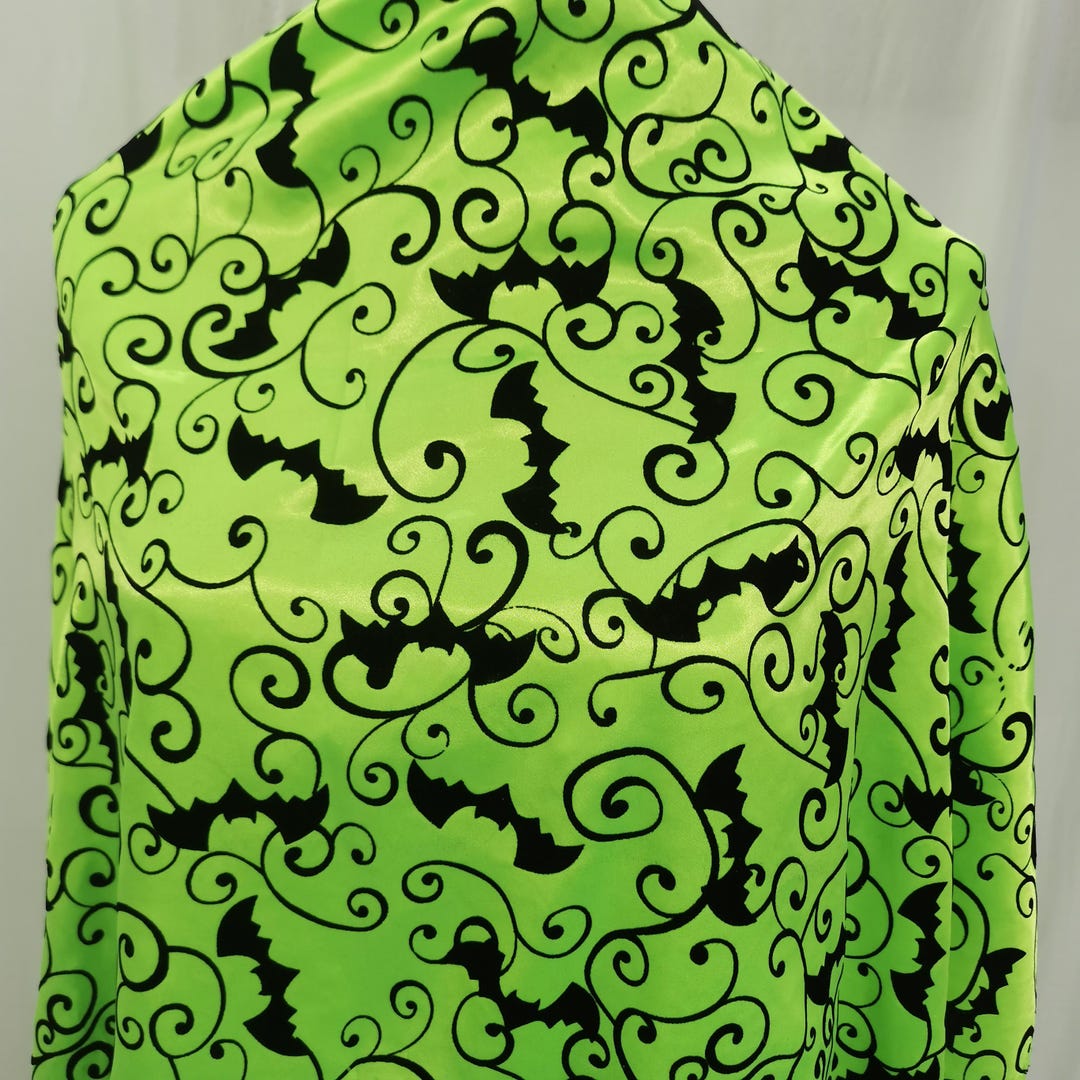 Black Bat Pattern Fabric Black Bats Flocked on Green Satin Fabric ...