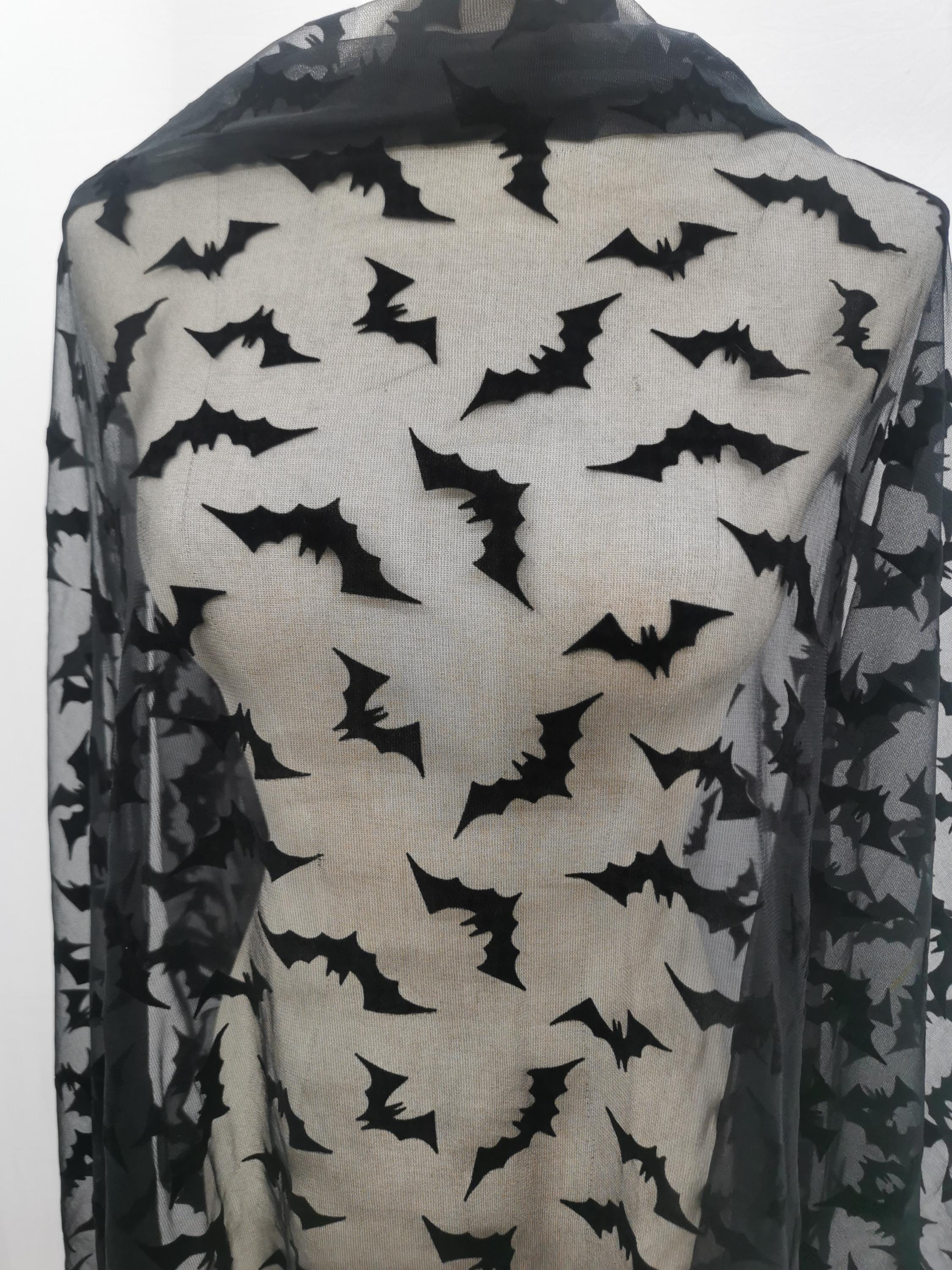 Bat Fabric Black Bats Flocked on Mesh Fabric Mesh Bat Fabric Halloween ...