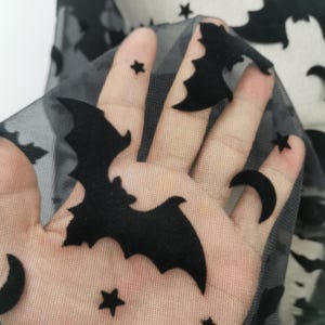 Halloween Bat Fabric Black Bats Flocked on Mesh Fabric Mesh Bat Fabric ...