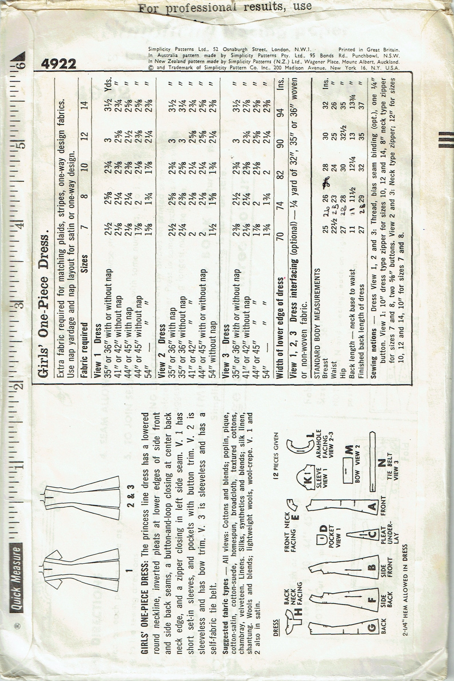 1950s Vintage Sewing Pattern for Girls Childs Childrens Kids One Piece ...