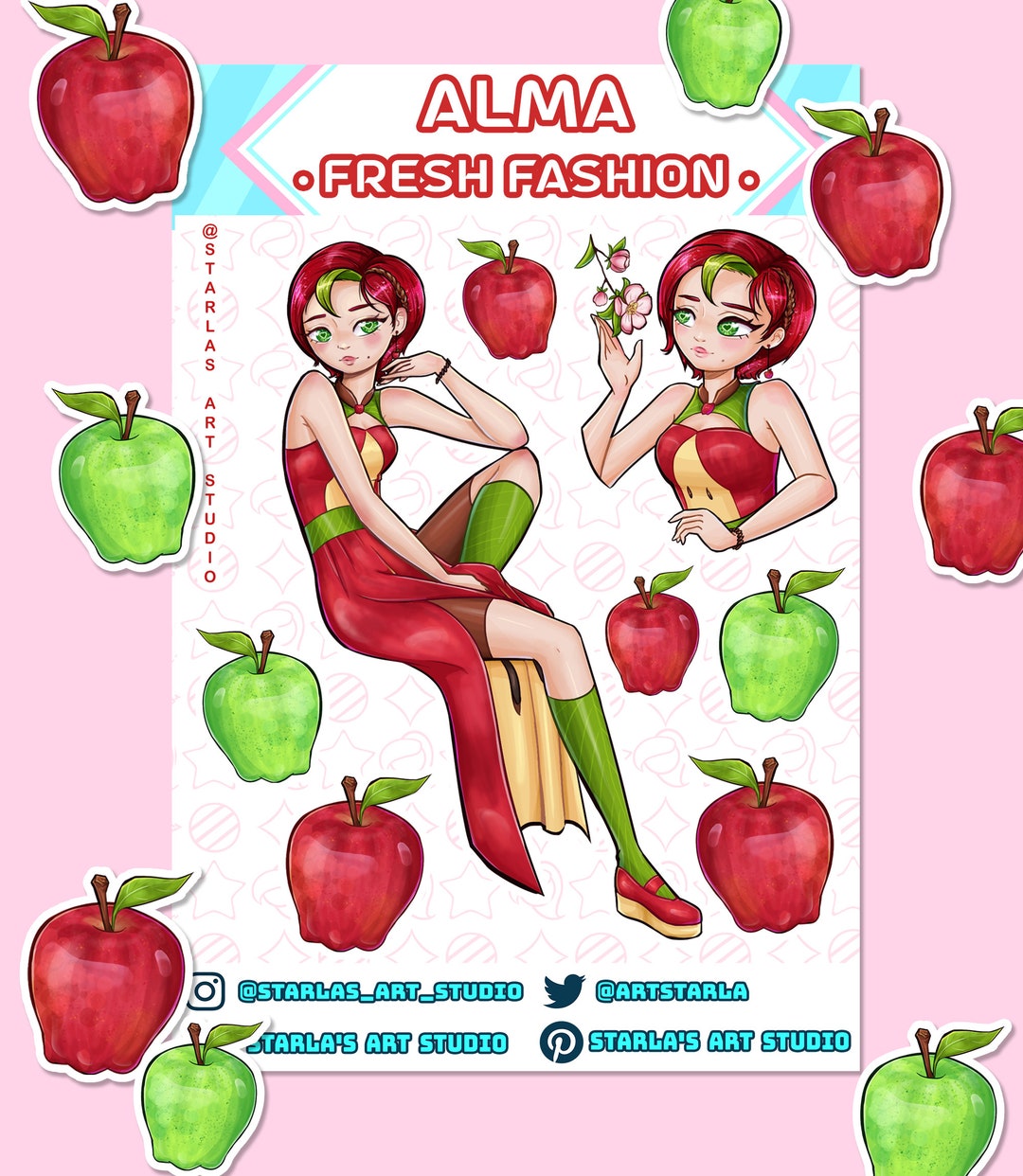 Apple Girl Stickers Cute Character Alma | Sticker Sheet | White Matte ...