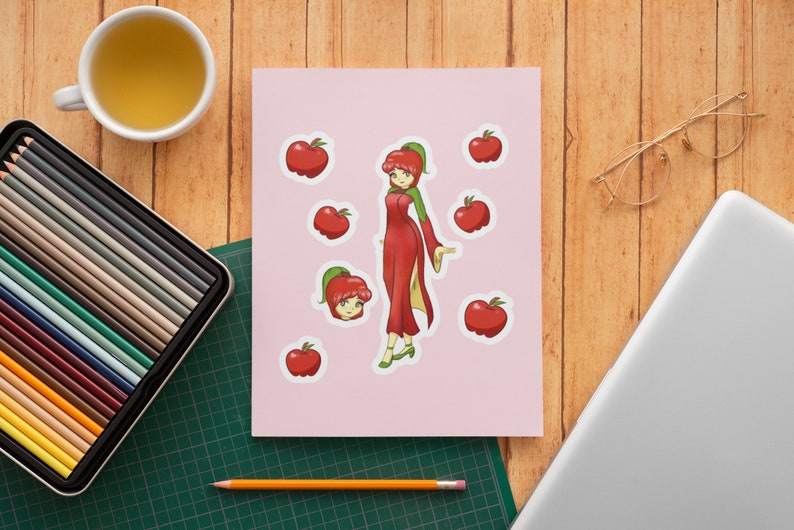 Apple Girl Stickers Cute Character Alma | Sticker Sheet | White Matte ...
