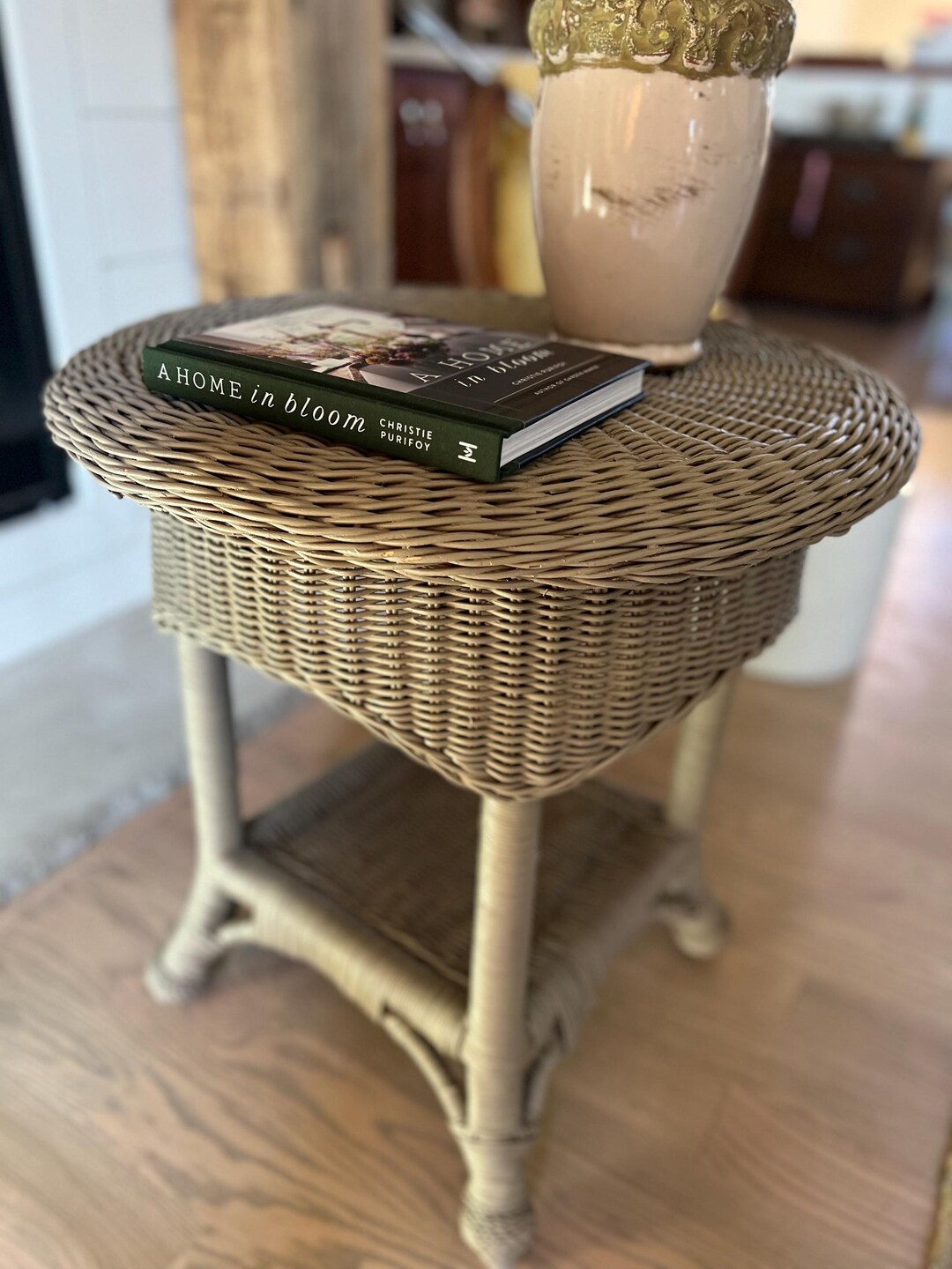 Vintage Wicker Round End Table Accent Side Plant Table Stand Two Tier ...