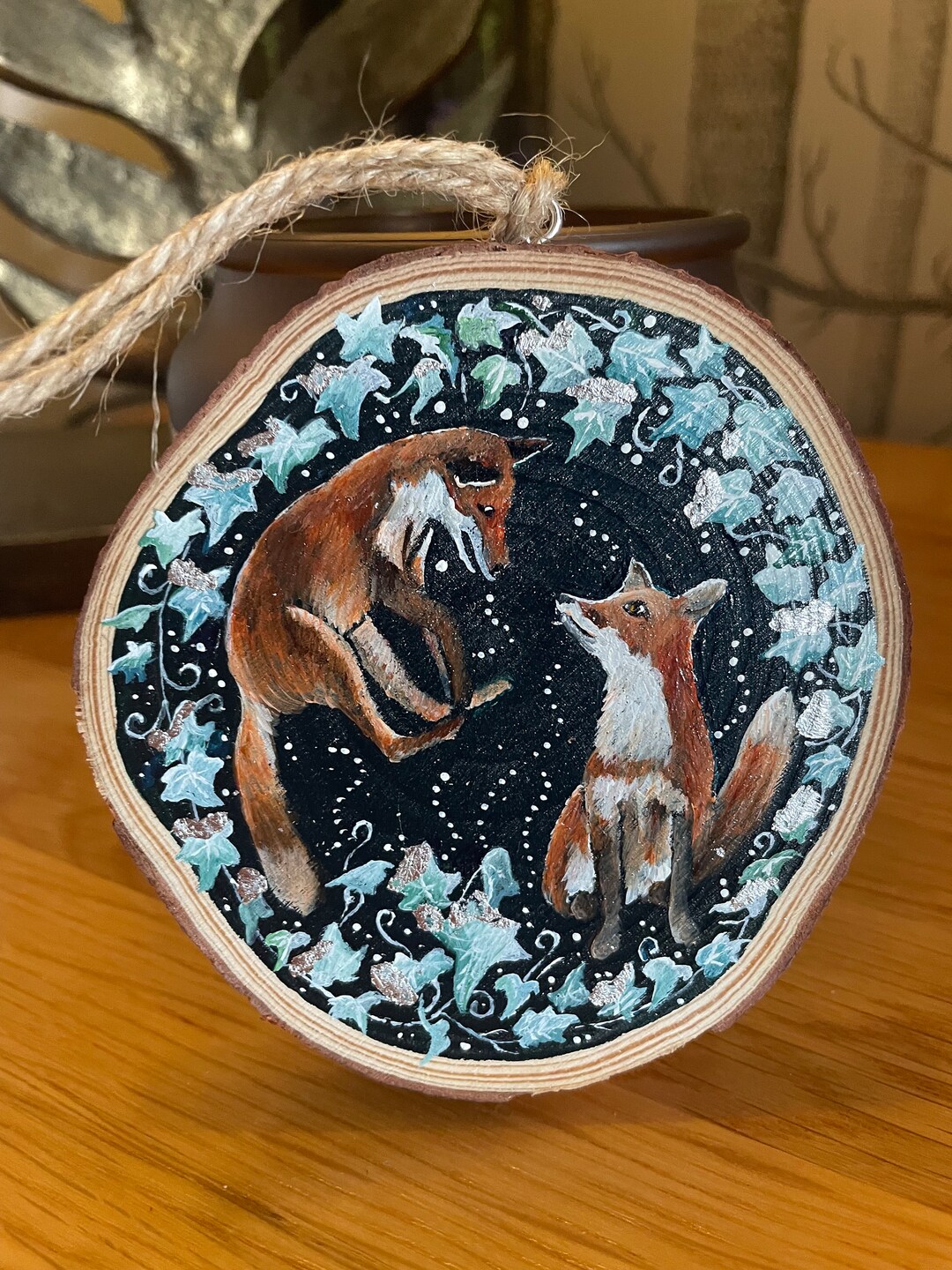 Hand Painted Wooden Log Slice foxes - Etsy