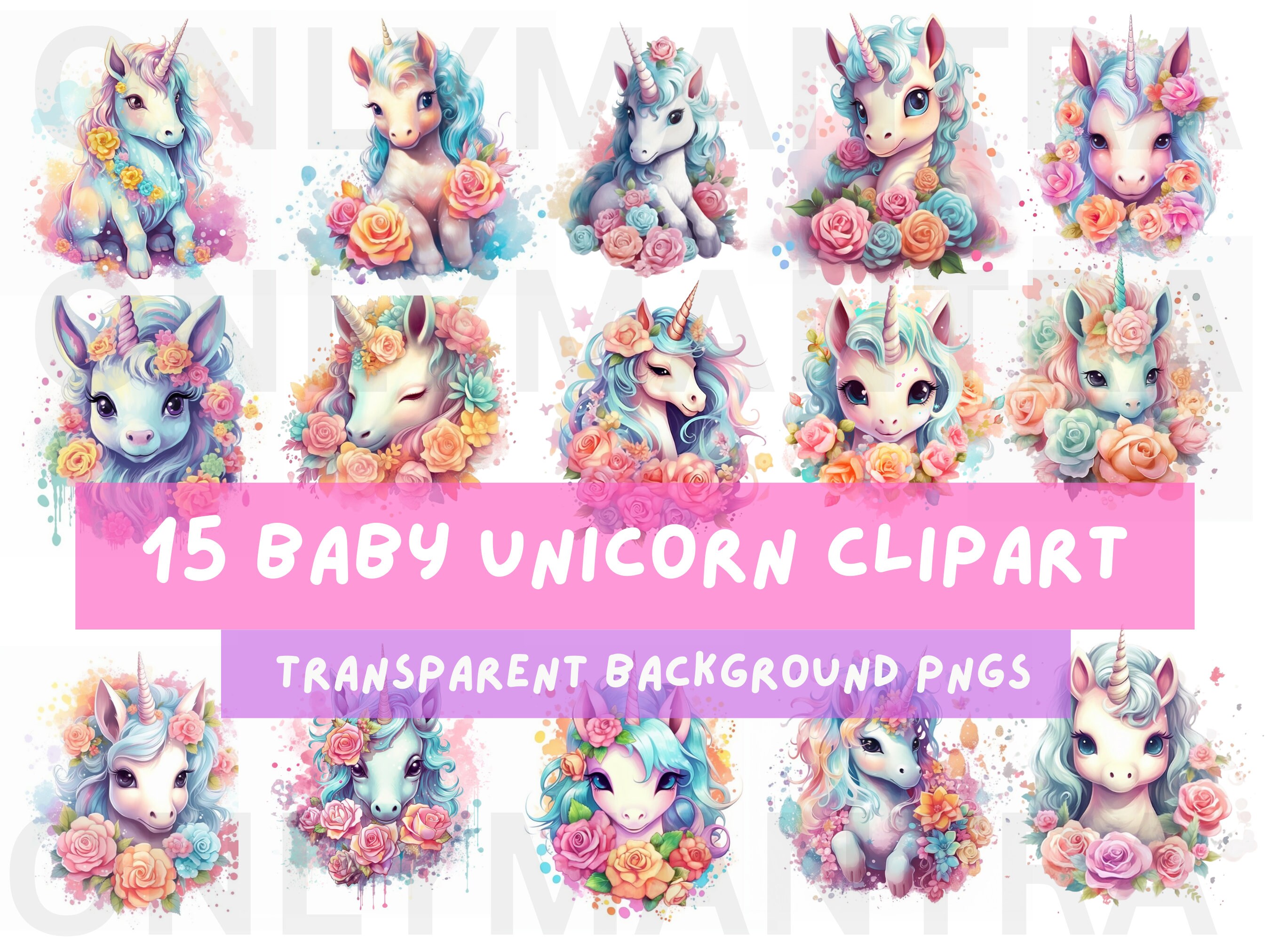 Cute Baby Unicorn Watercolor Clipart Set, 15 PNG Transparent Instant ...