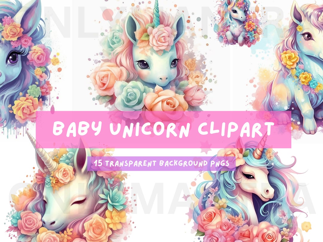 Cute Baby Unicorn Watercolor Clipart Set 15 PNG Transparent - Etsy