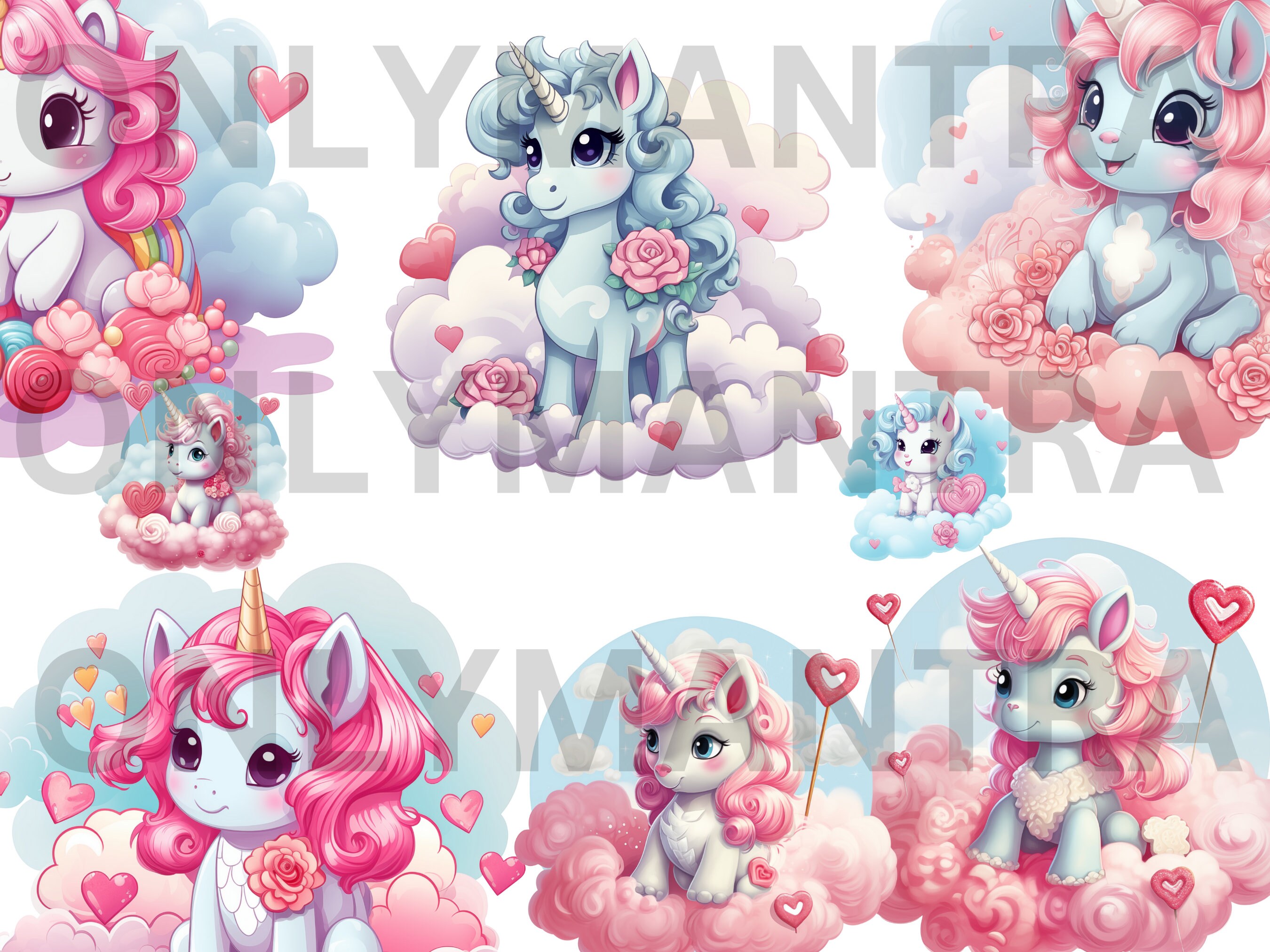 Pastel Baby Unicorn Clipart Set, 24 PNG Love Heart Candy Rose Candy ...