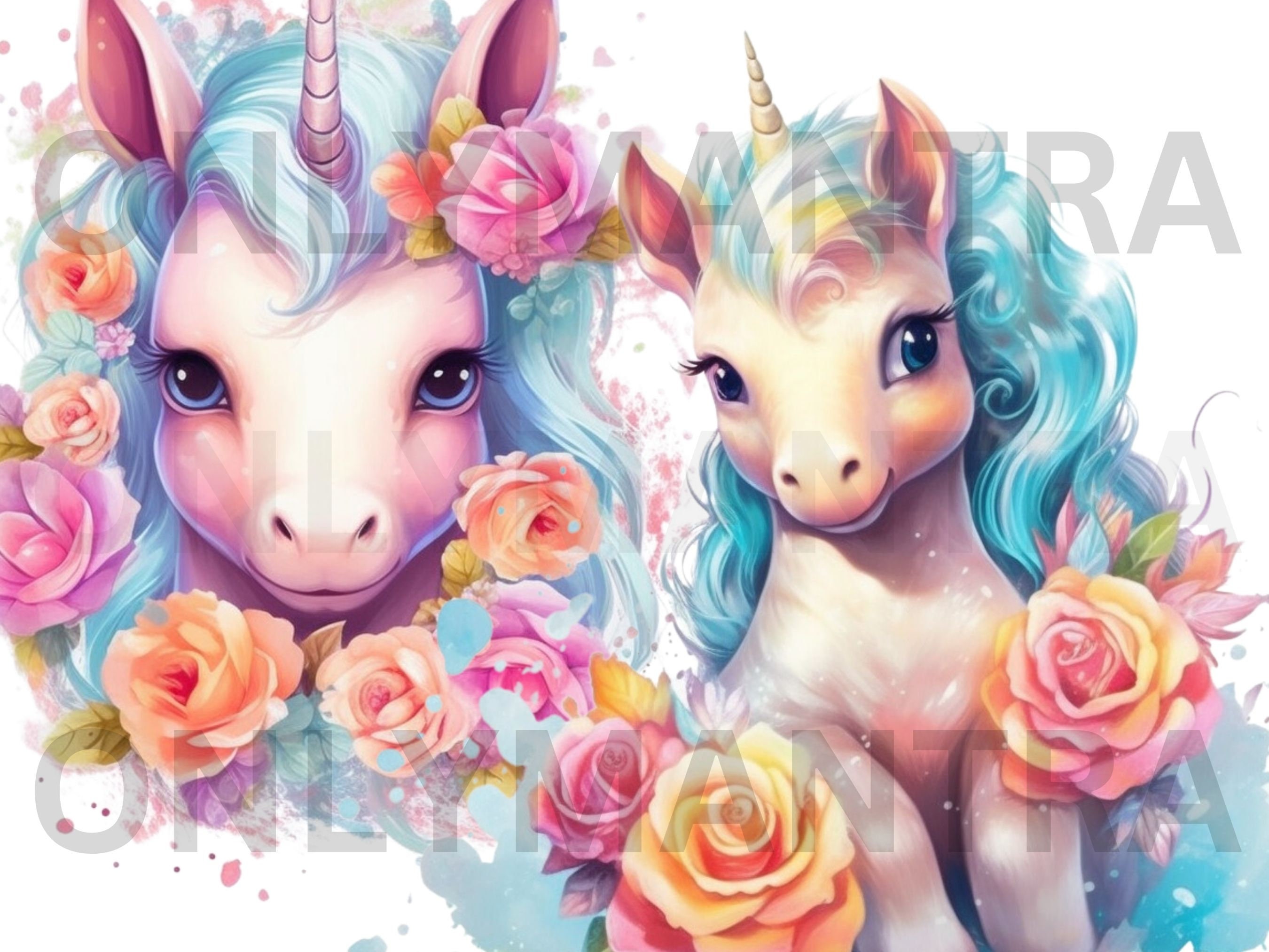 Cute Baby Unicorn Watercolor Clipart Set, 15 PNG Transparent Instant ...