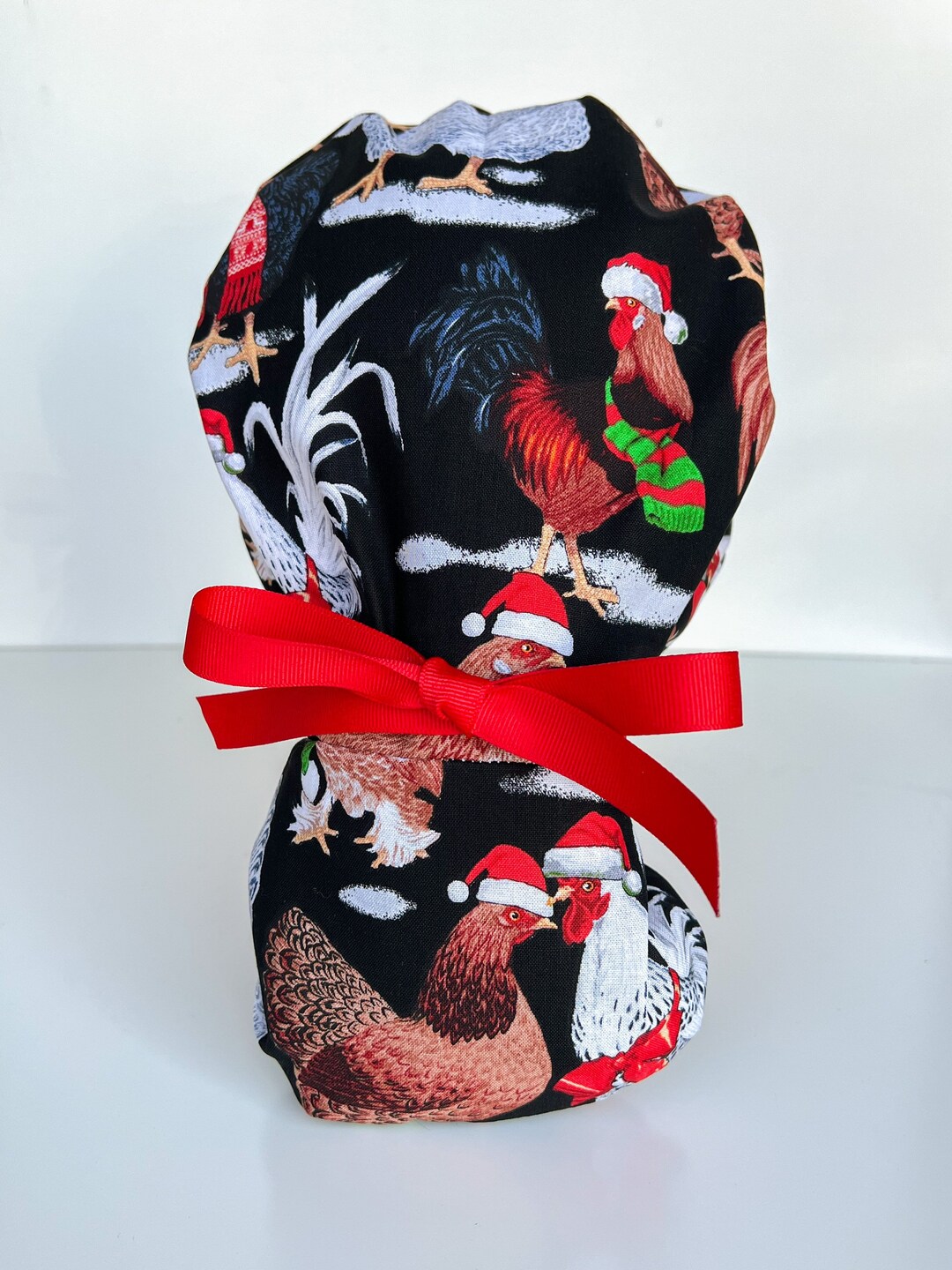 Christmas Chicken Scrub Hat, Ponytail Scrub Cap, Rooster, Farm Animal ...