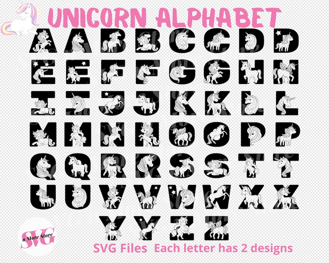 Unicorn Alphabet Bundle SVG, 2 Designs for Each Letter, Unicorn ...