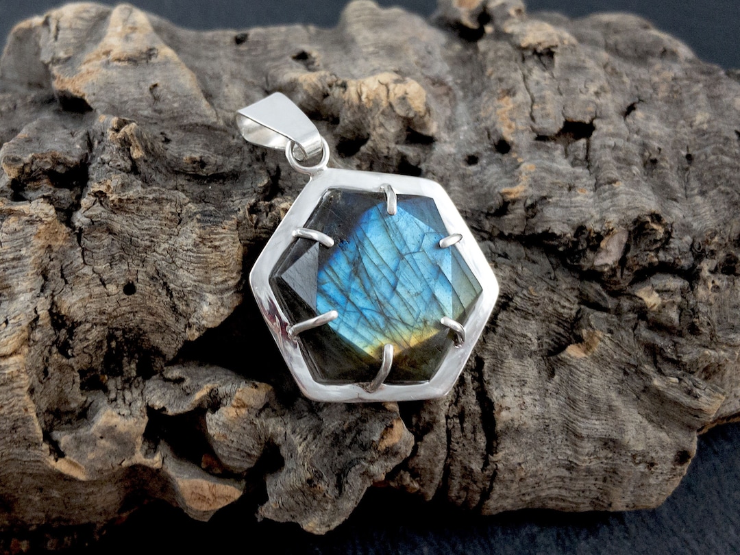 Sterling Silver Labradorite Pendant, Hexagon Minimalist Modern Handmade ...