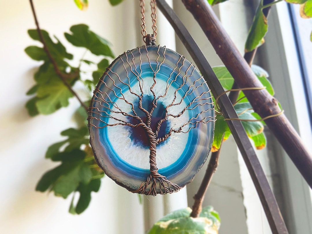 Agate Tree of Life Window Suncatcher Wall Decor Hanging, Copper Wire ...