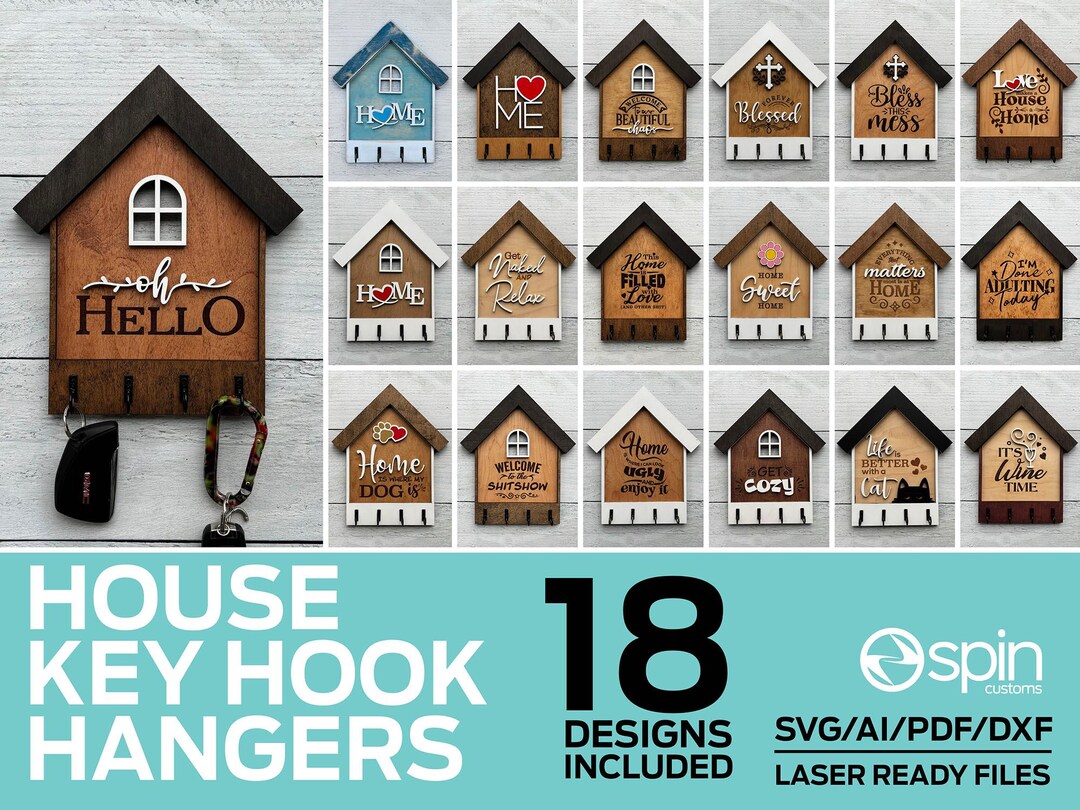 House Shaped Key Hangers - 18 Designs - Laser Ready File - Glowforge ...