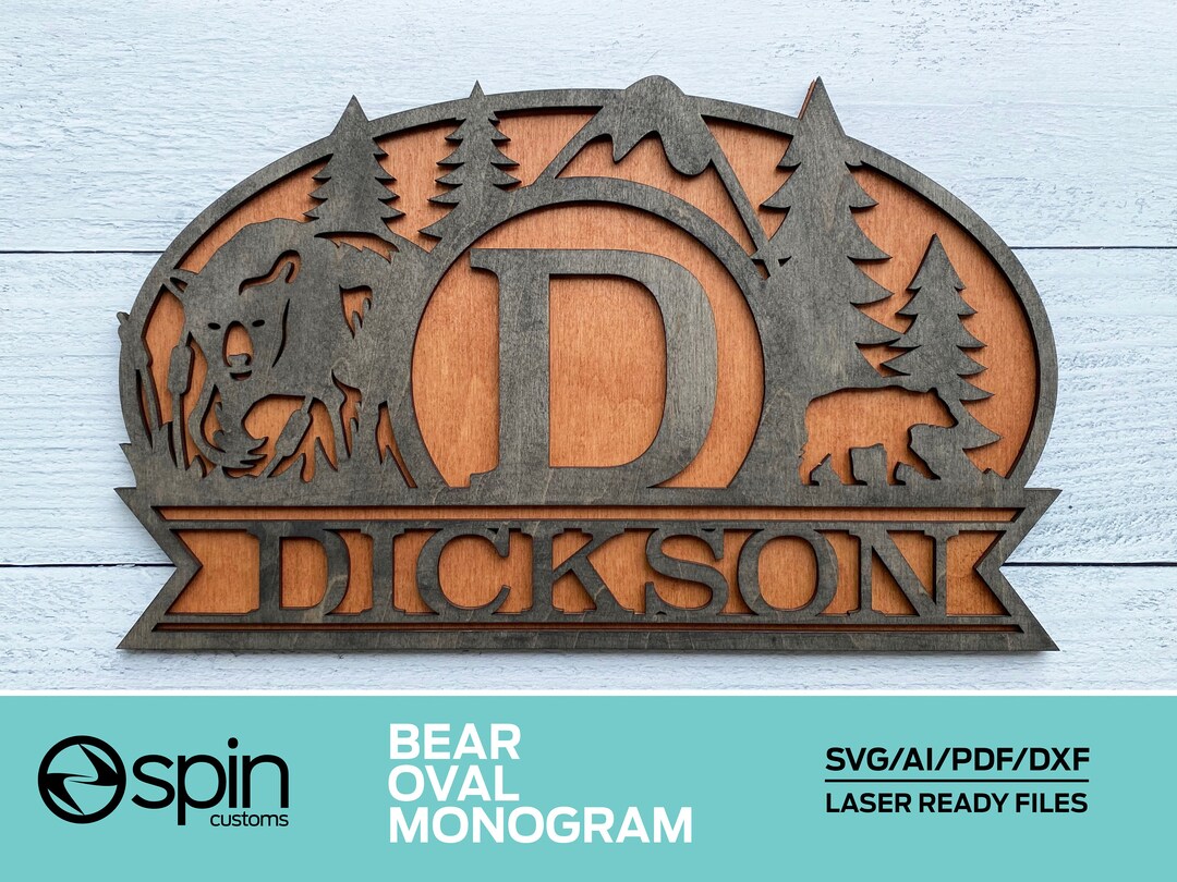Bear Oval Monogram - Laser Ready Cut Files - Customizable - Etsy