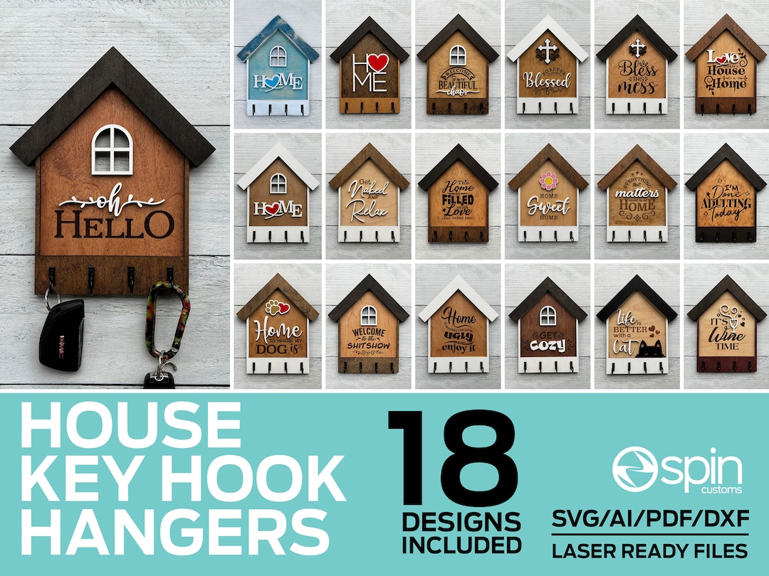 House Shaped Key Hangers - 18 Designs - Laser Ready File - Glowforge ...