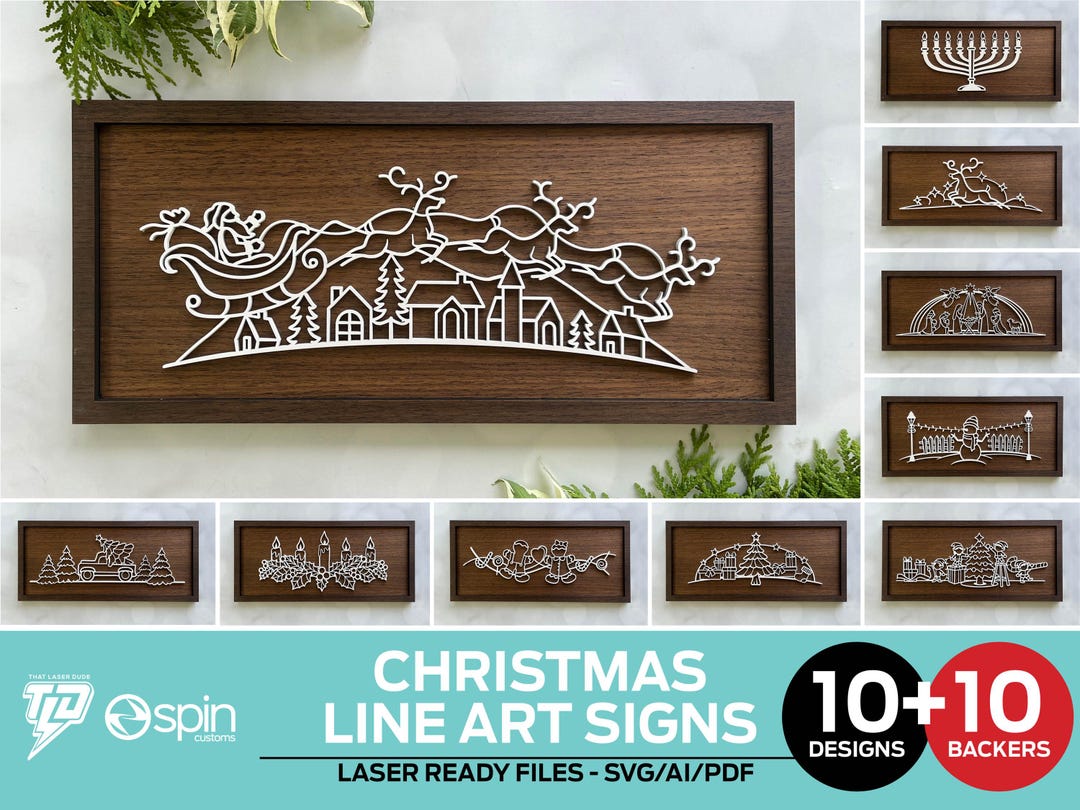 Christmas Line Art Signs - 10 Designs Plus 10 Backer Patterns ...