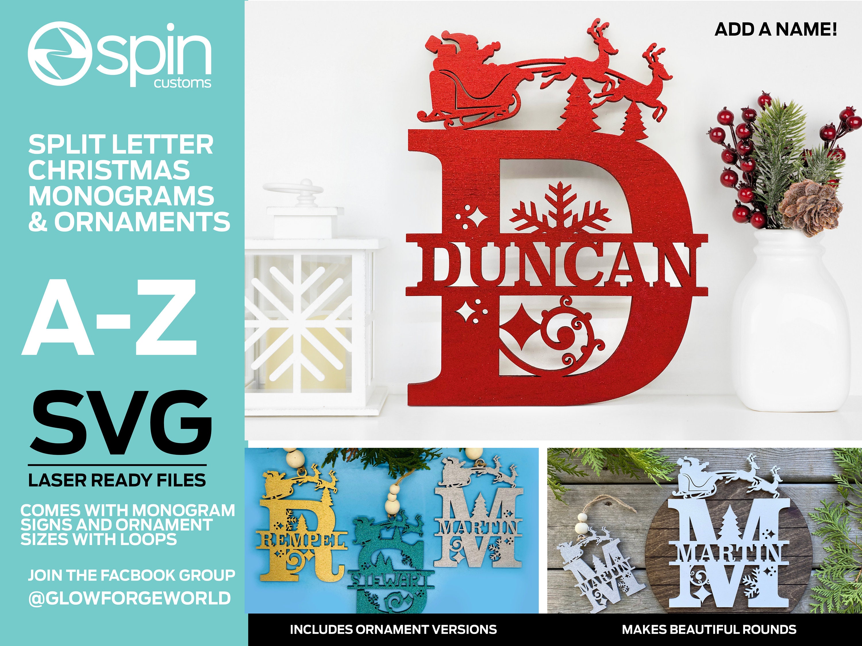 Christmas Theme Split Letter Monograms and Ornaments A-Z | Etsy