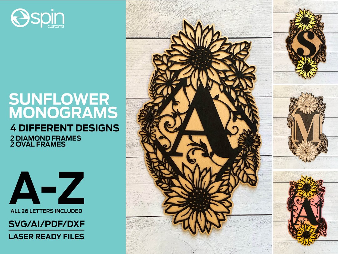 Sunflower Monogram - 4 Versions - A-Z Included - Laser Ready File ...