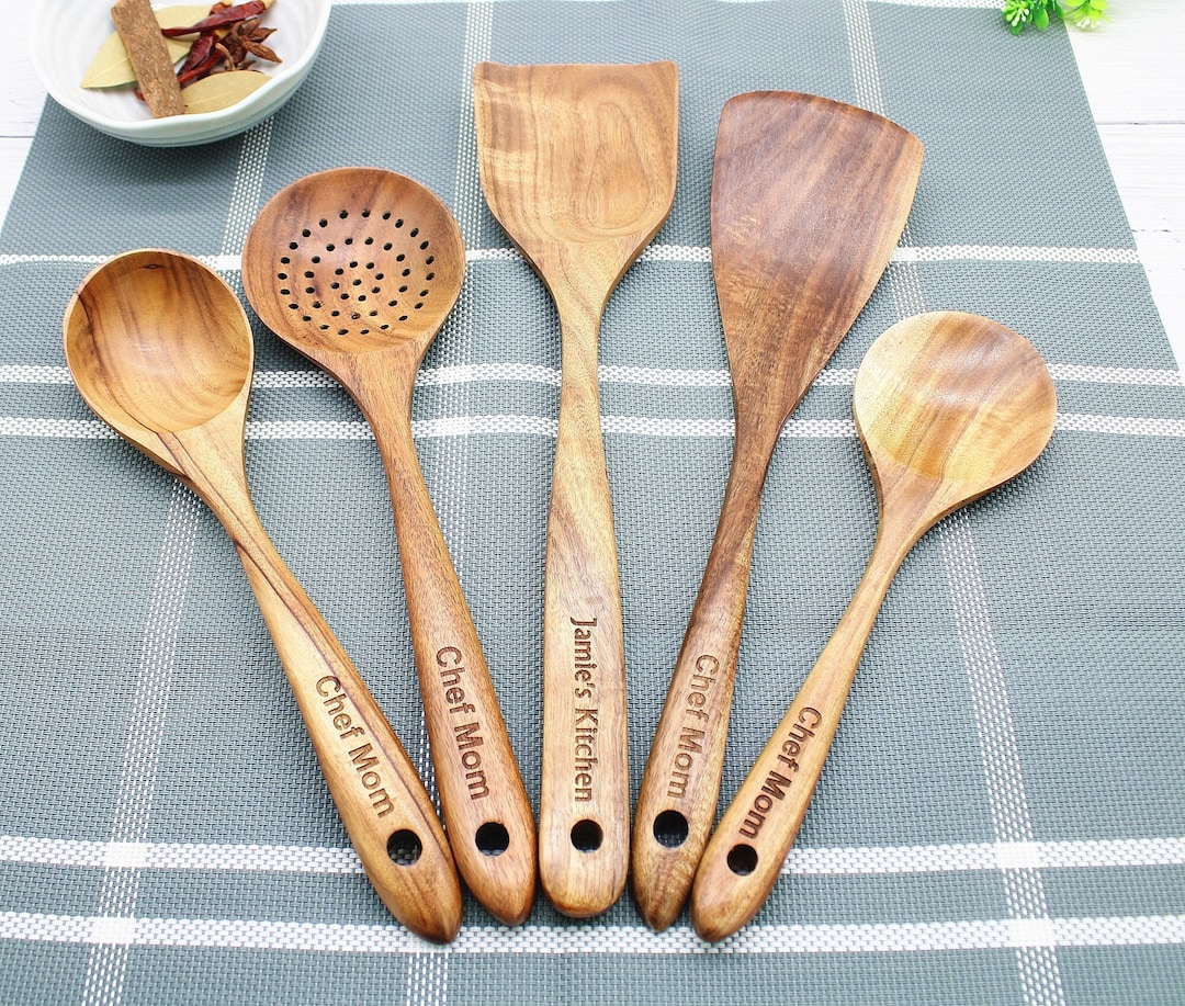 Personalized Wood Kitchen Utensil Set: Engraved Spoons, Spatula ...
