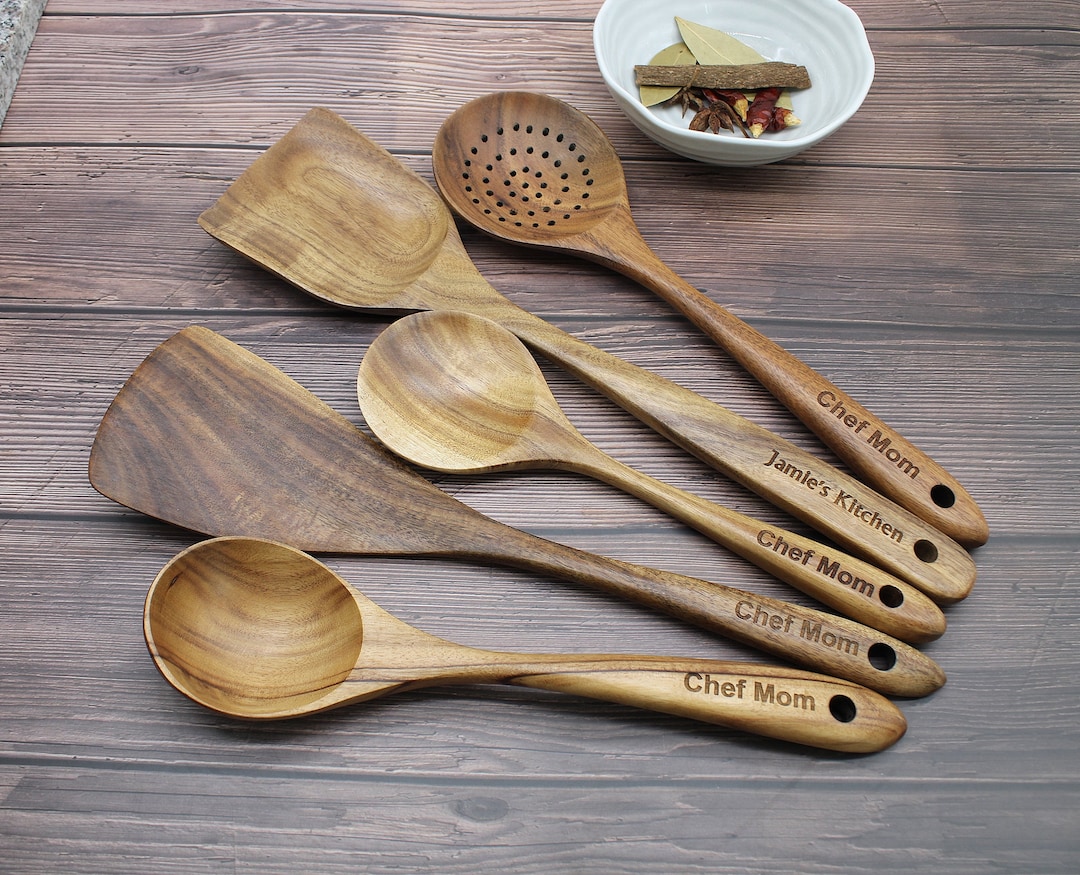Personalized Teak Wood Utensil Set: 5-piece Nonstick Cooking Tools,wood ...