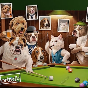 Dogs Playing Pool, Pets Playing Billiards, Custom Portrait for Pool ...
