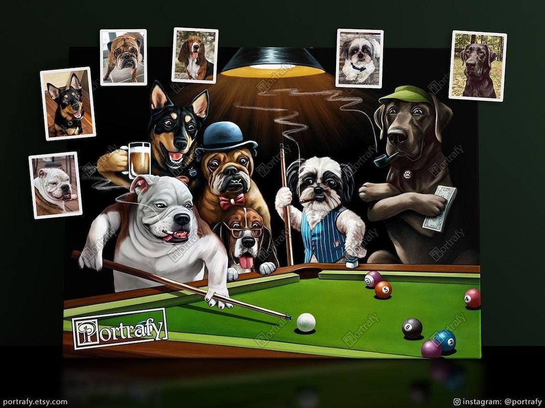 Dogs Playing Pool Velvet, Custom Portrait for Pool Lover, Black Velvet ...