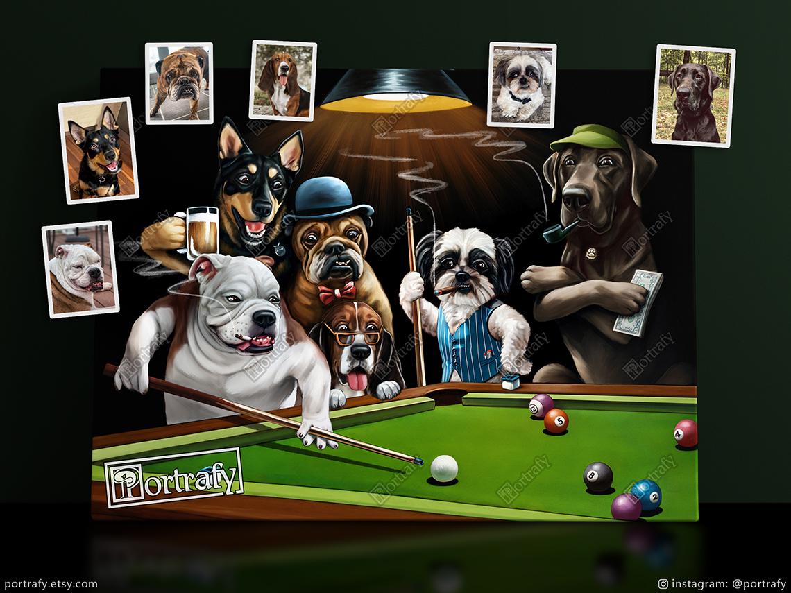 Dogs Playing Pool, Custom Dogs Playing Billiards, Funny Gift for Pool ...