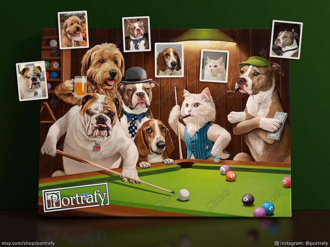 Dogs Playing Pool, Pets Playing Billiards, Custom Portrait for Pool ...