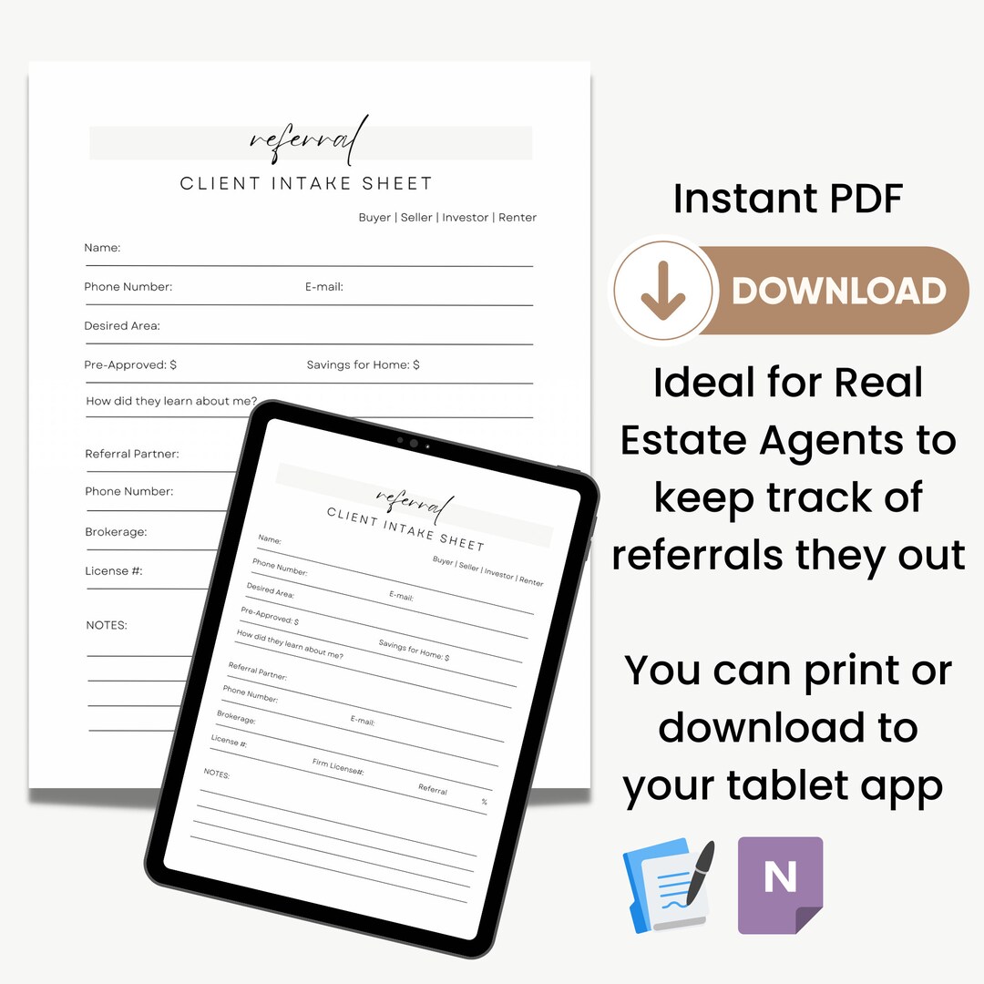 Printable Referral Intake Sheet for Referral Clients | Buyer Intake ...