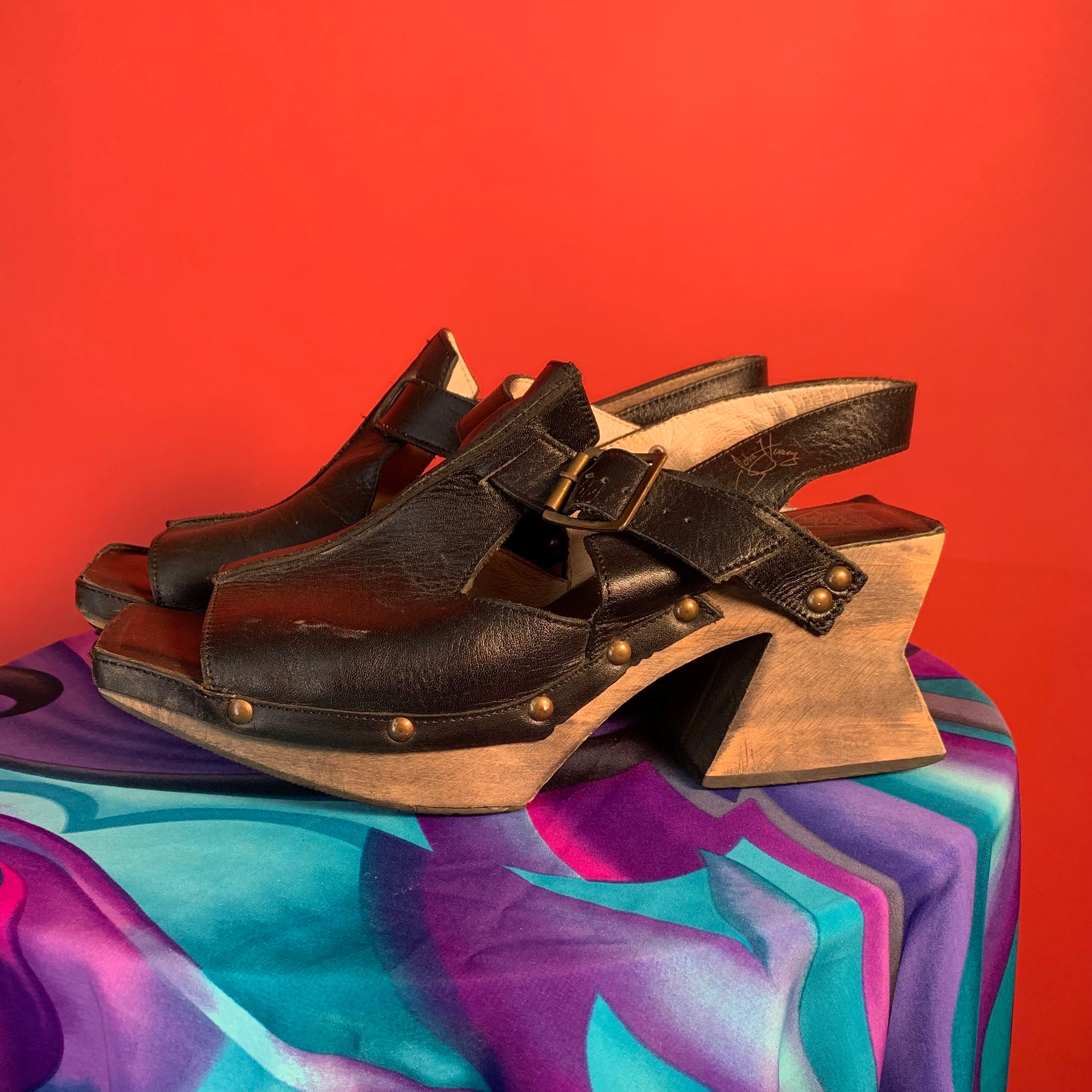 VTG John Fluevog Answer Response Flueseum Black Leather Wooden Clog ...