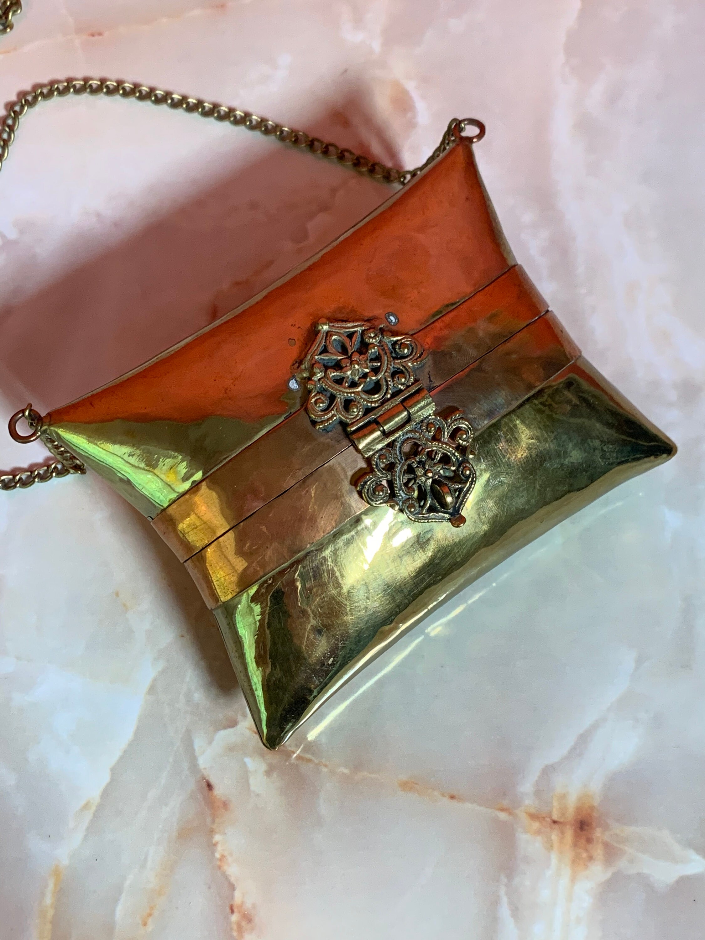 1930s Pillow Purse Pure Brass and Copper Lined With Blue Velvet Tiny ...