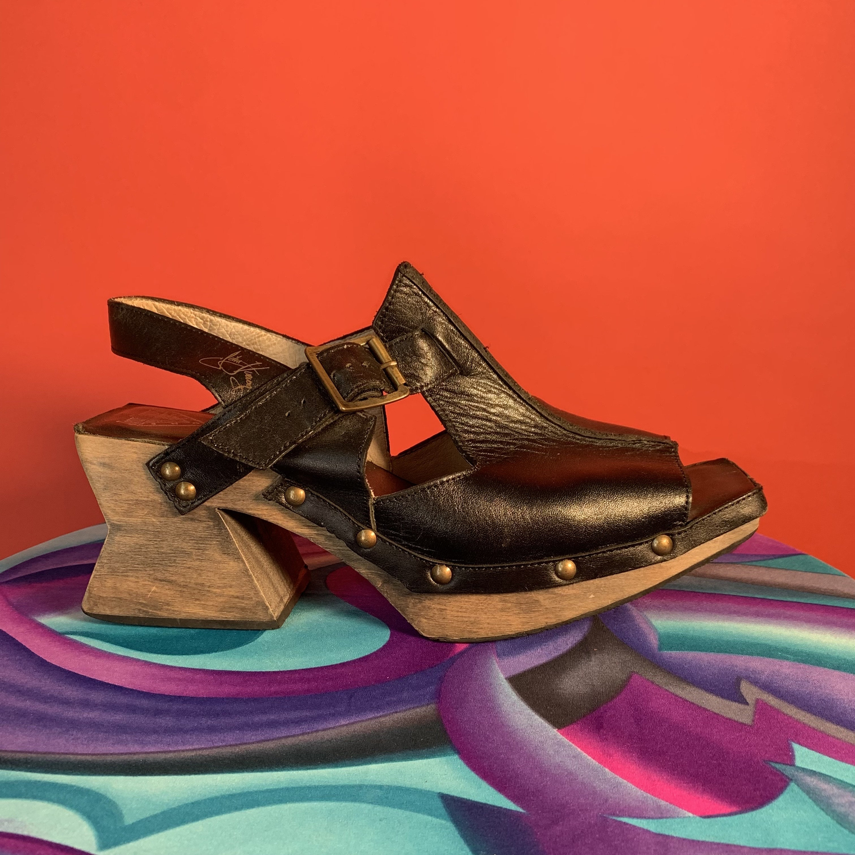 VTG John Fluevog Answer Response Flueseum Black Leather Wooden Clog ...