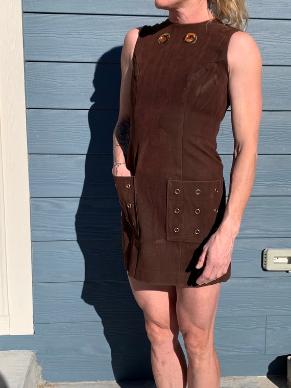 1960's Mod Gogo Brown Suede Mini Dress with Gold Circ… - Gem