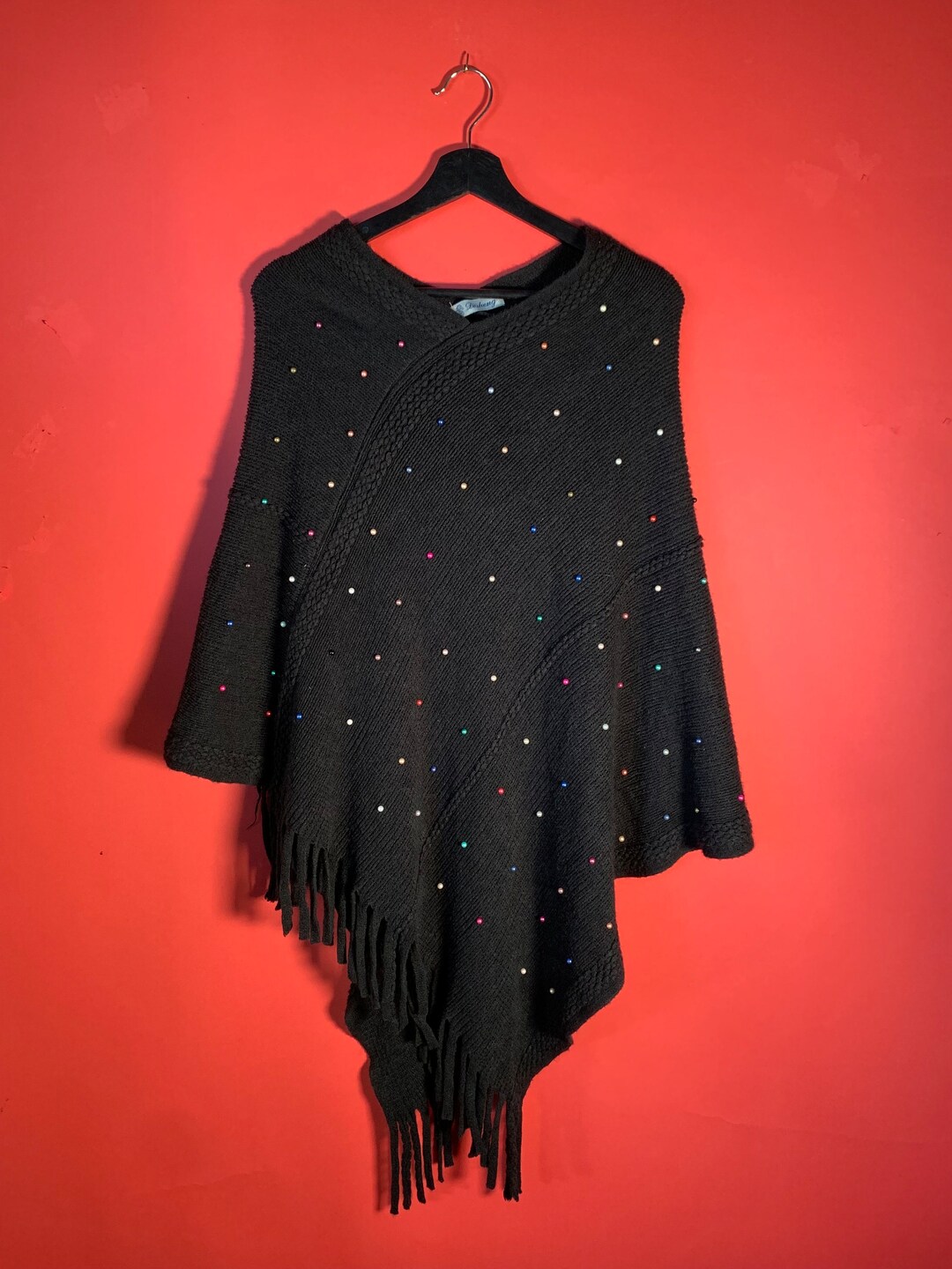 Black Knit Cape With Colorful Pearls Attached by Desheng - Etsy