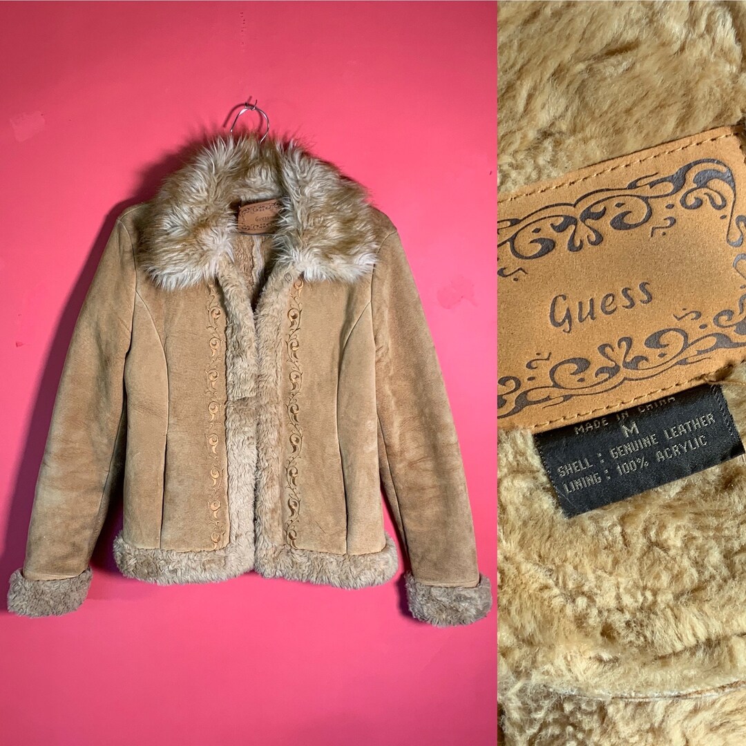 Y2K GUESS Penny Lane Leather Jacket Faux Fur Coat Womens Medium - Etsy