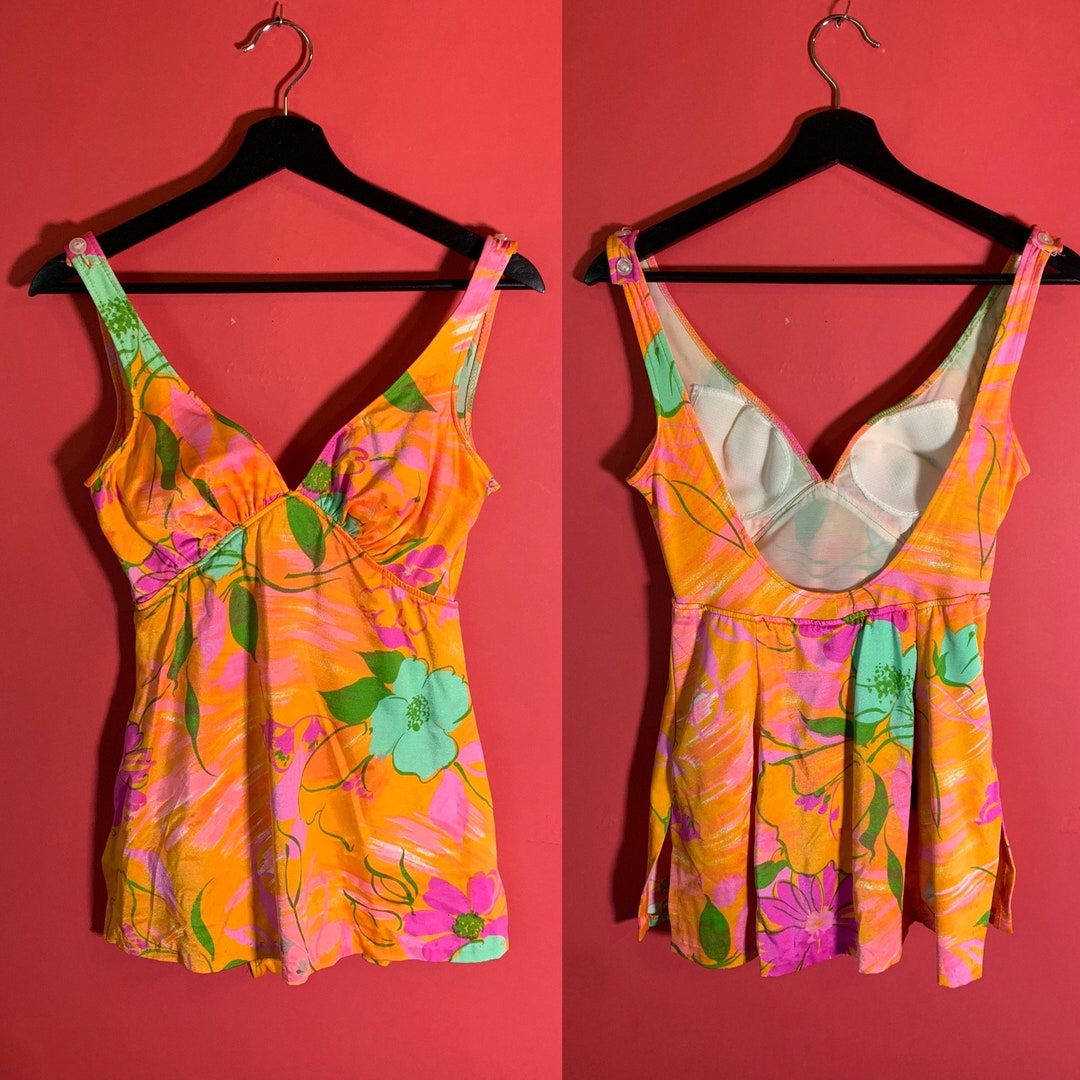VTG 1960's SEARS Swim Suit Womens Orange Tropical Print, One Piece ...