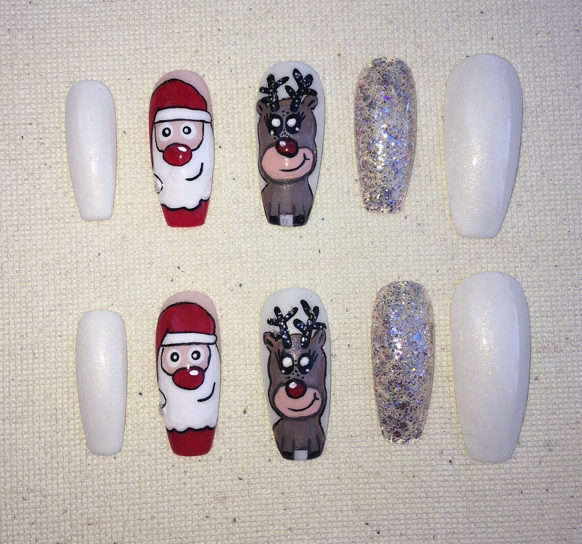 Santa Rudolph Reindeer Glitter Fake Press on Nail Set 10 | Etsy