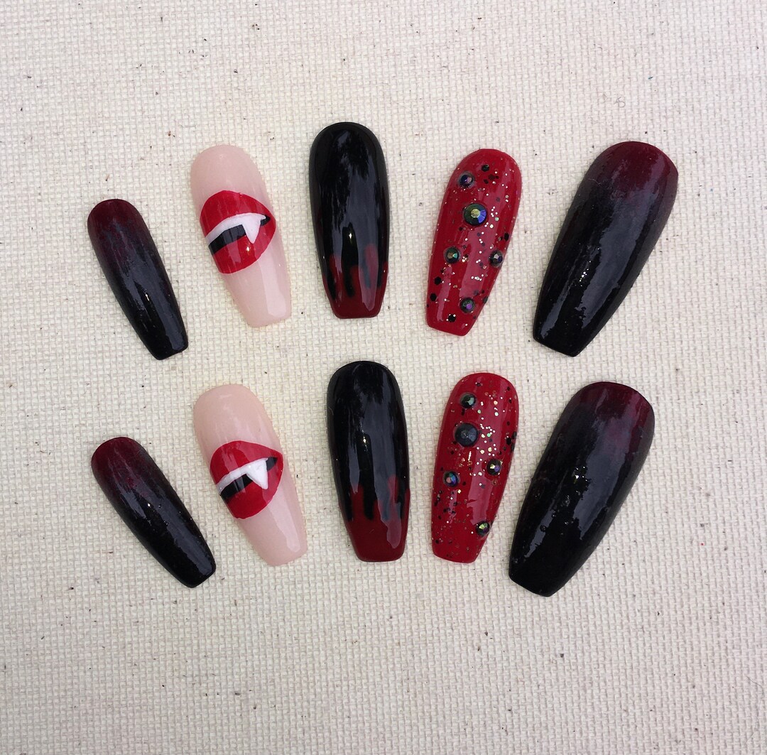 Vampire Fang Red Nails | Fake Press on Nail Set 10 Pieces | UV Top Coat ...