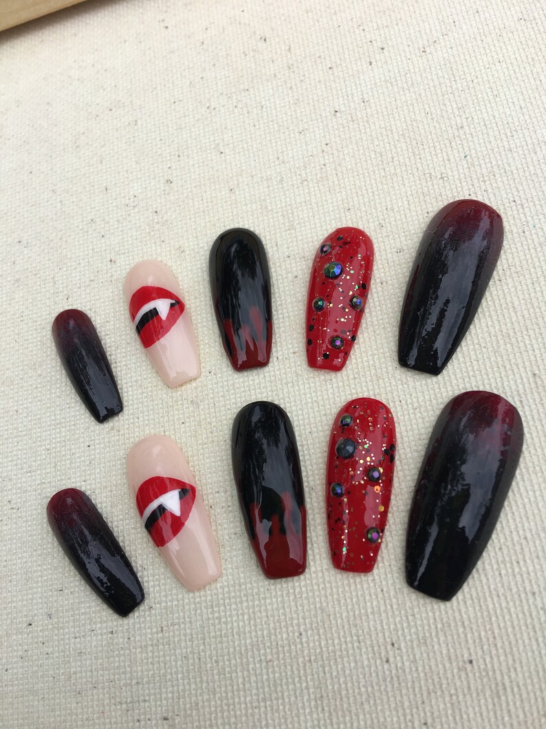 Vampire Fang Red Nails | Fake Press on Nail Set 10 Pieces | UV Top Coat ...