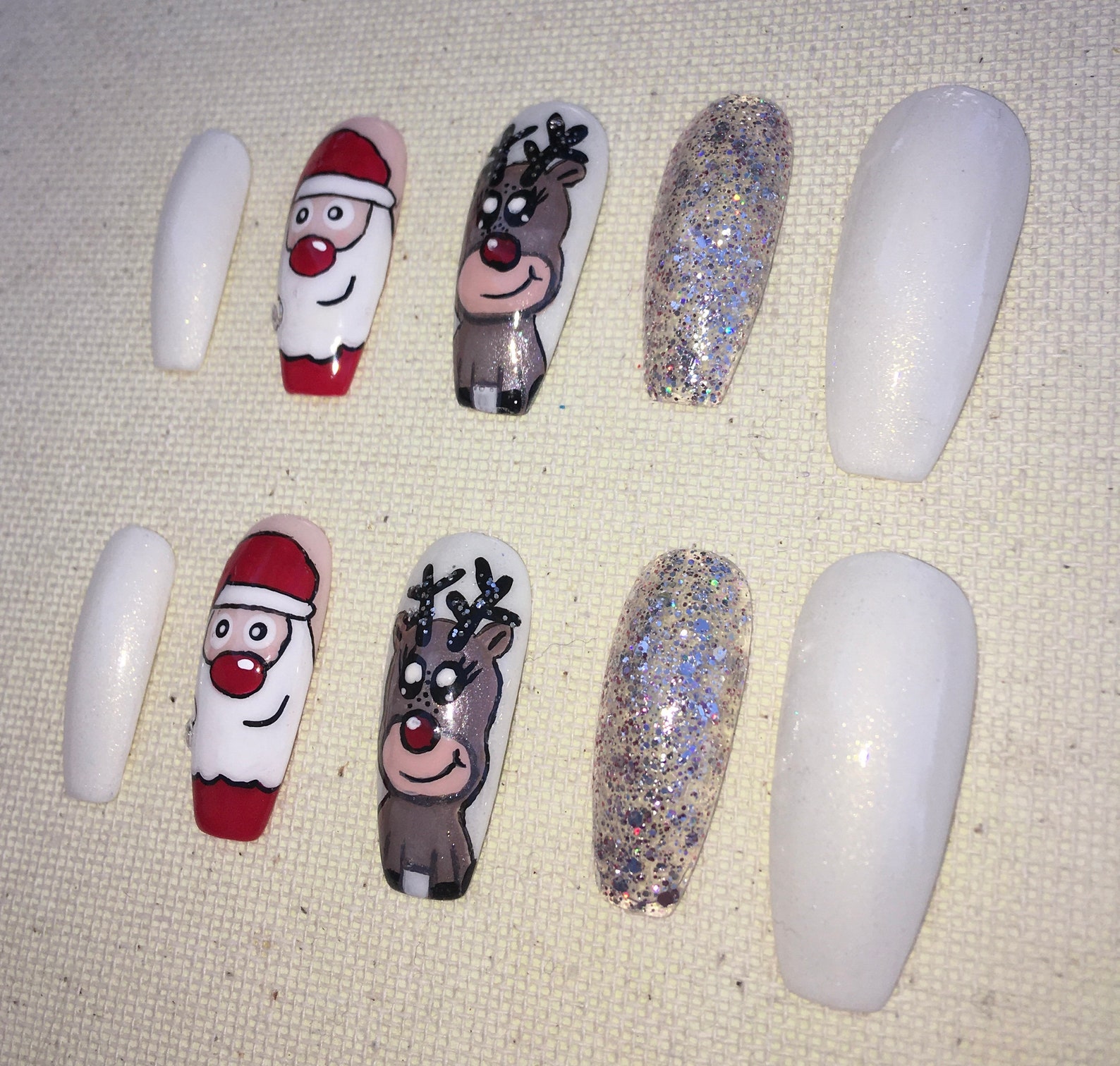 Santa + Rudolph Reindeer Glitter Fake Press on Nail Set 10 Pieces | UV ...