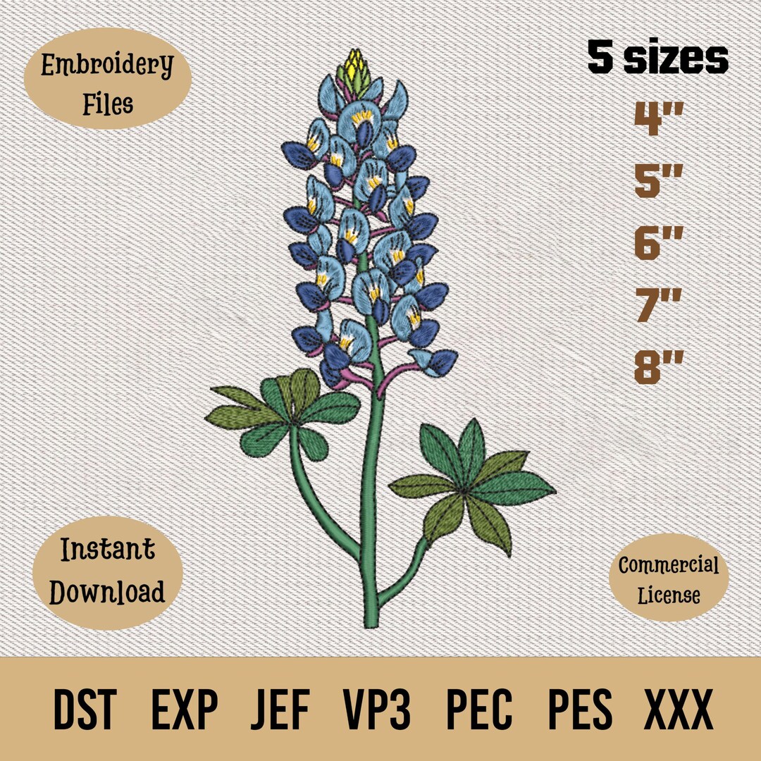 Bluebonnet Embroidery Design: Wildflower Floral, Texas Art (instant ...