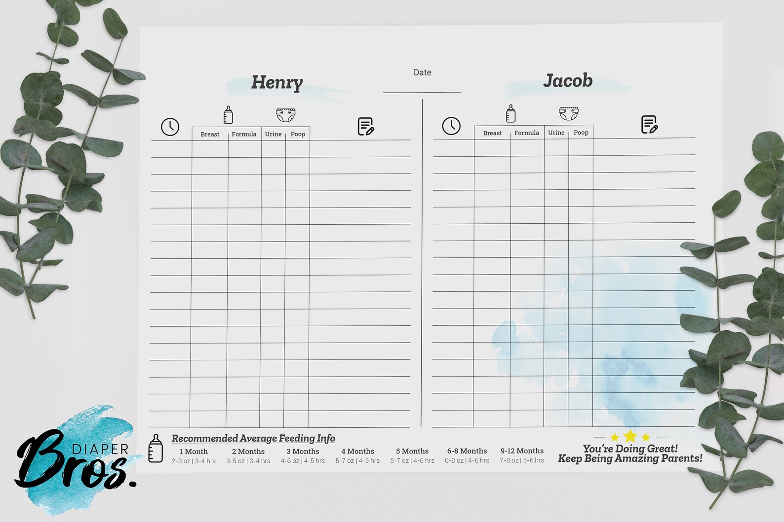 Customizable Twin Baby Feeding, Pee and Poop Schedule Tracker - Boy/boy ...