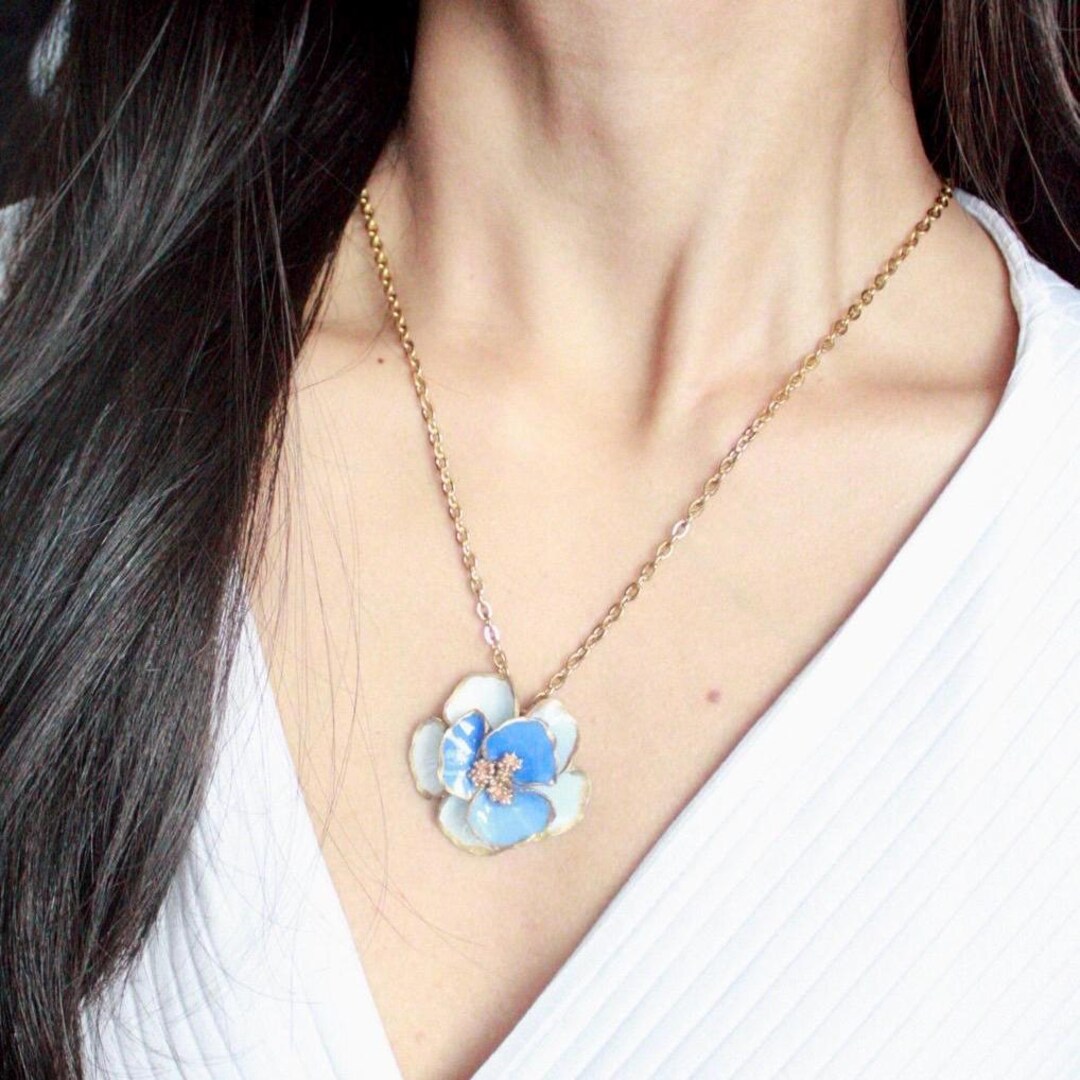 Blue Flower Necklace, Handmade Polymer Clay Pendant, 18k Gold Filled ...