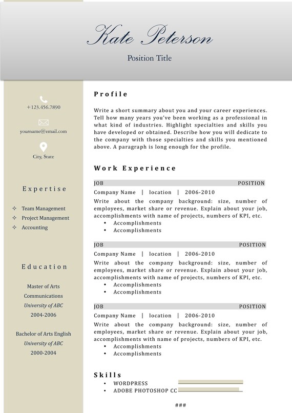 Professional CV Template Resume Template for A4 & Letter Sized - Etsy