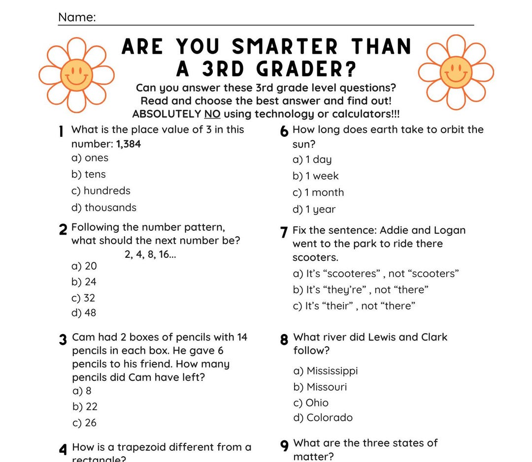 Are You Smarter Than a Third Grader? Game/quiz - Etsy