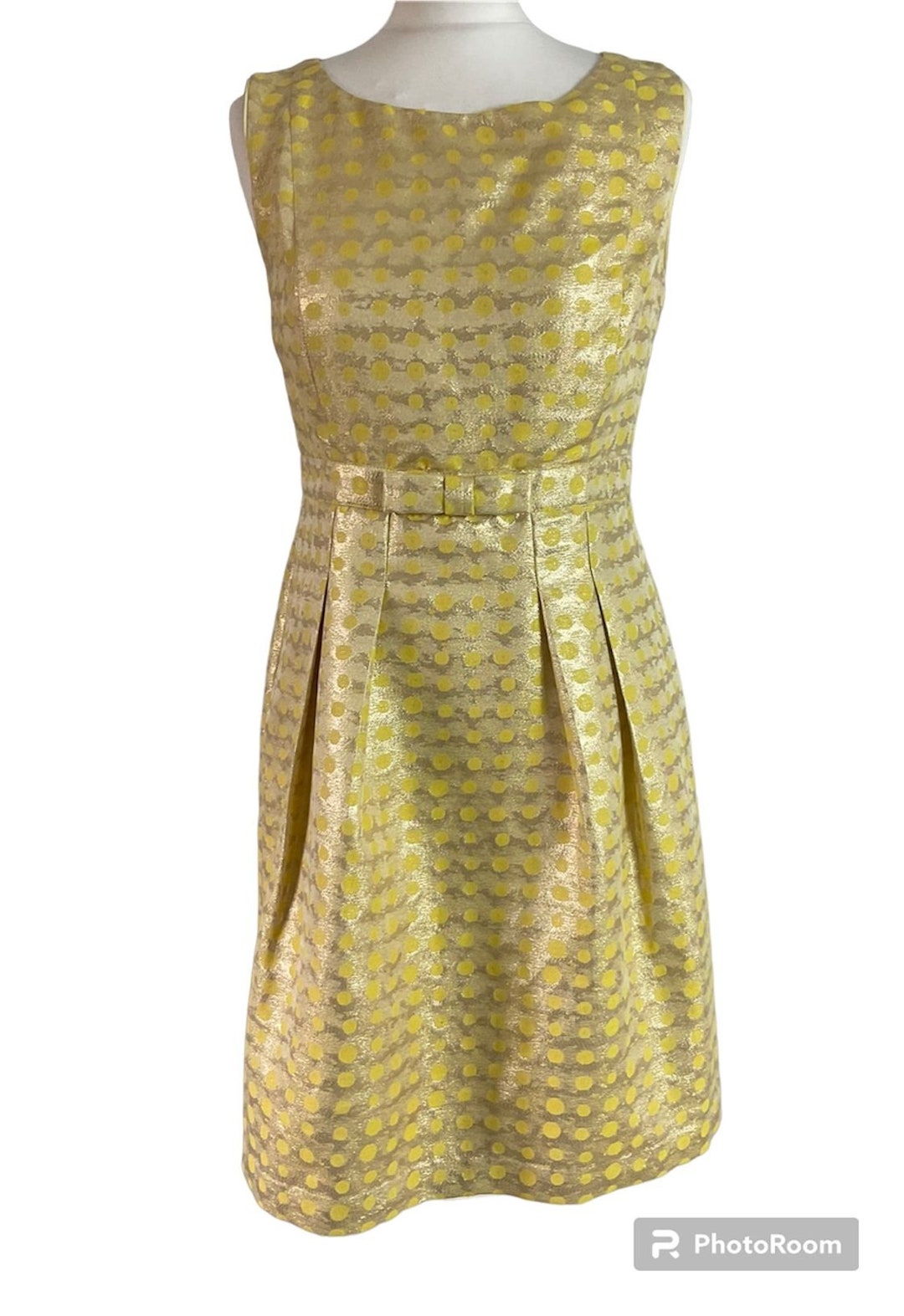 Monsoon Fusion Gold Yellow Spotty Dotty Jacquard Knee Dress UK 10 Retro ...