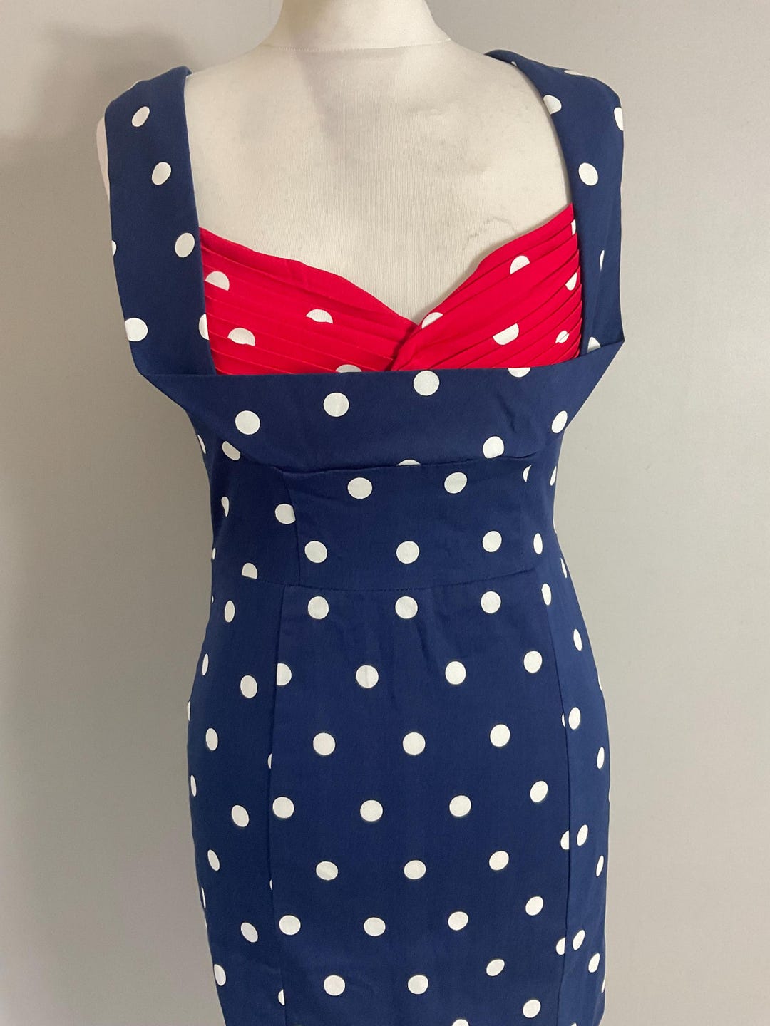 Dolly and Dotty Blue Spotty Polka Dot Red Trim Sleeveless Midi Pencil ...