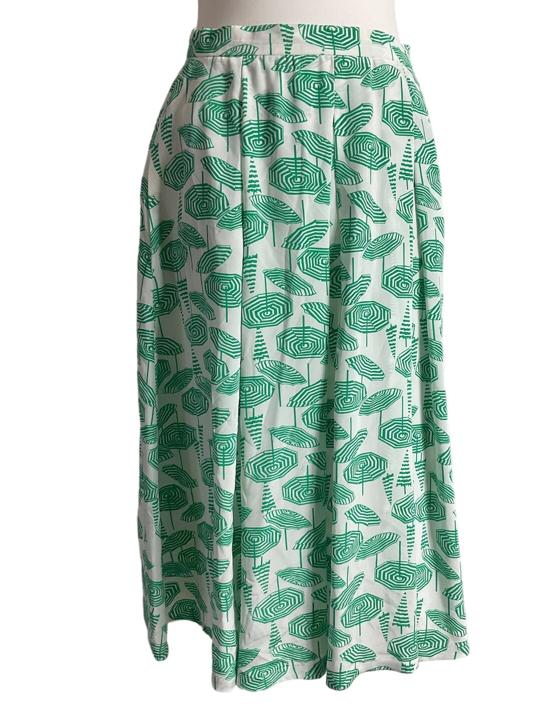 VTG 80s Country Casual White Green Umbrella Parasol Pleated Midi Skirt ...