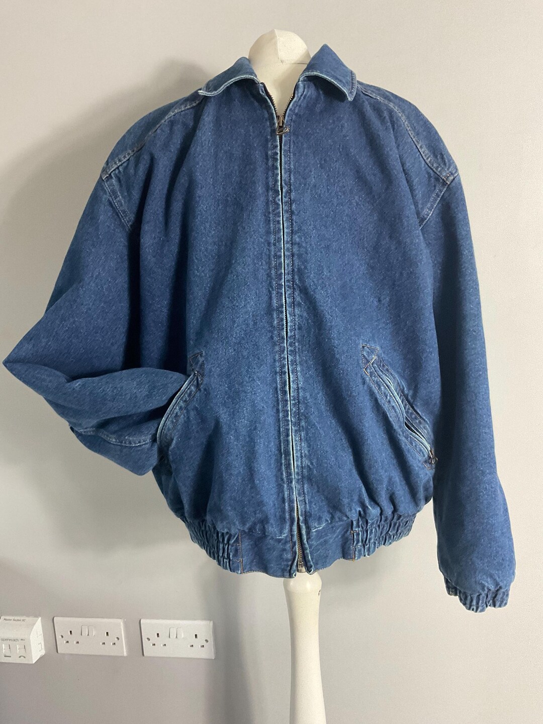 VTG St Michael Mens Blue Denim Check Wool Mix Lining Zip Bomber Jacket ...