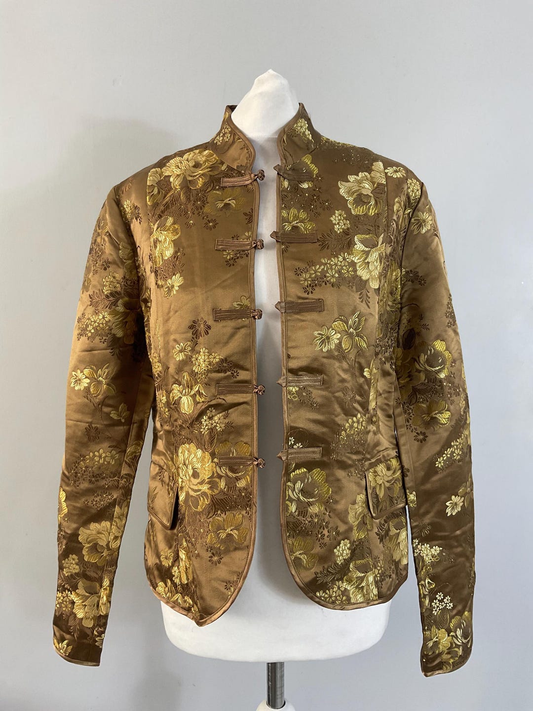 H&M Khaki Gold Floral Silk Mix Satin Frog Fastening Blend Oriental ...